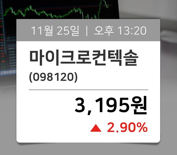 [거래소 소식] 마이크로컨텍솔(098120), 13시 20분 현재 3,195원…종목동정과 증시정보